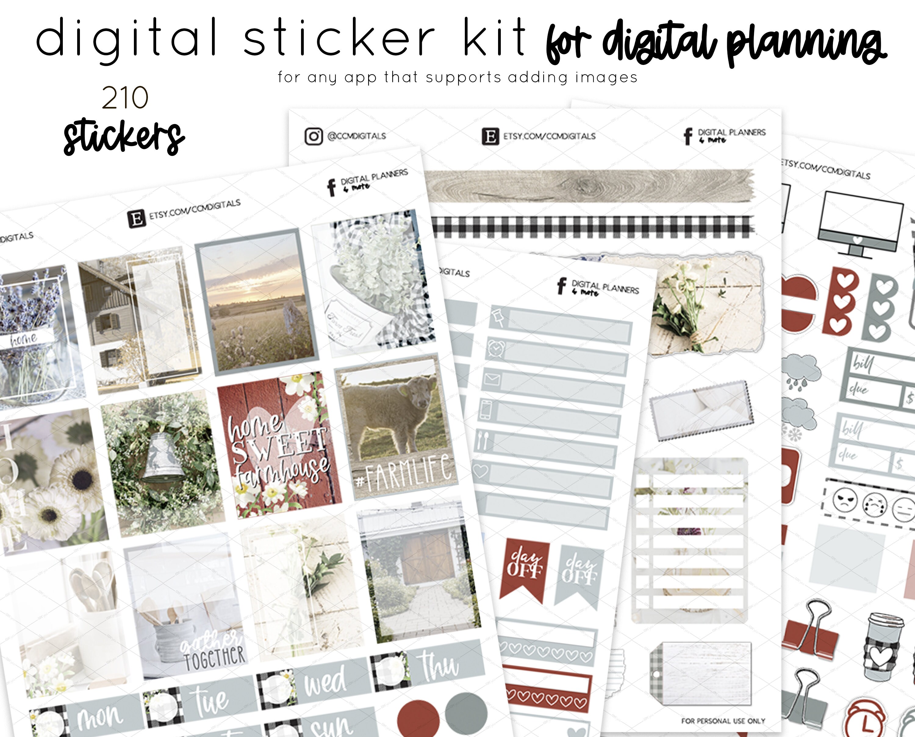 Farmhouse Vibes Digital Stickers for Planners - Vintage Rustic Mason ...