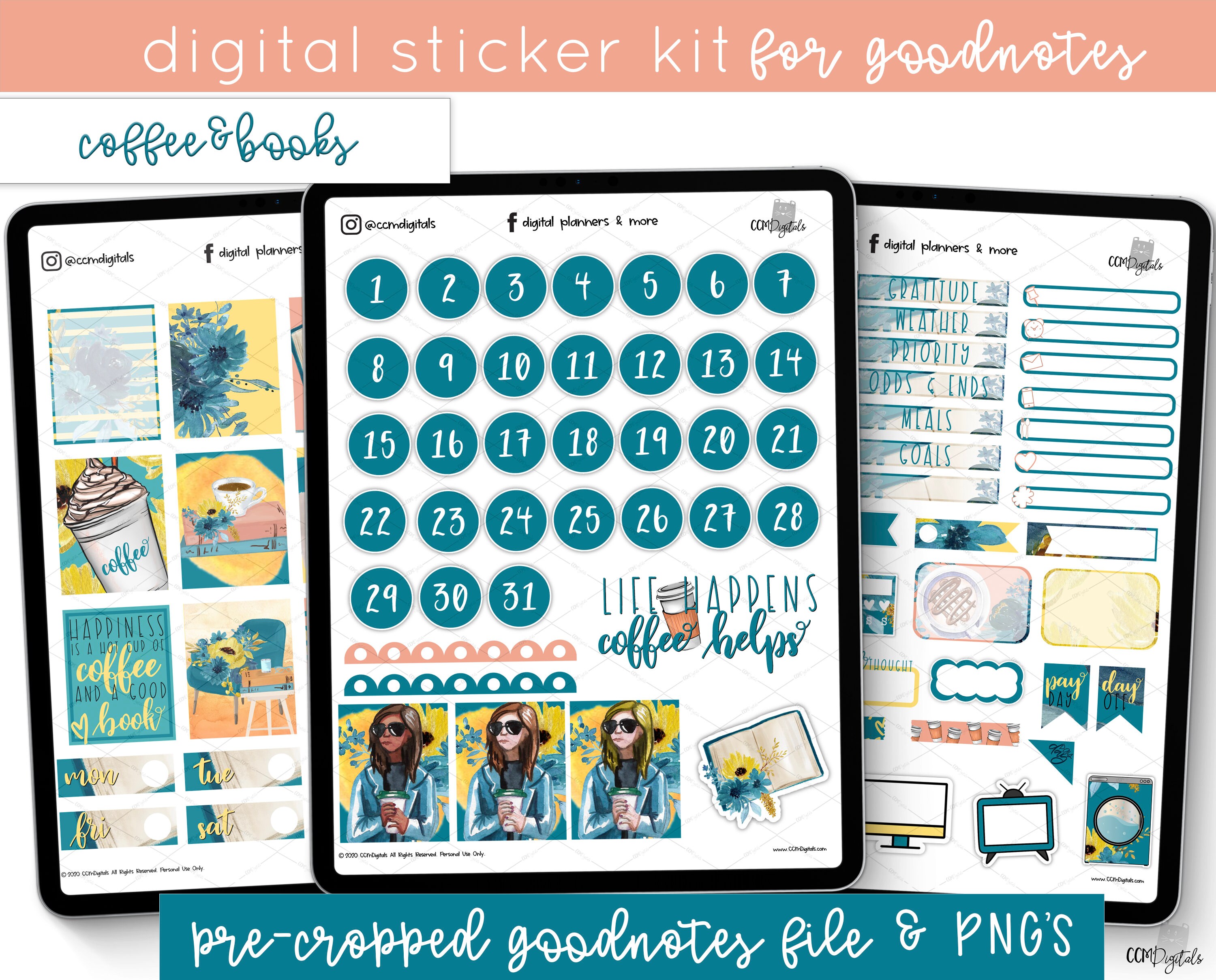 Digital Planner Coffee & Books Sticker Kit Includes - Etsy