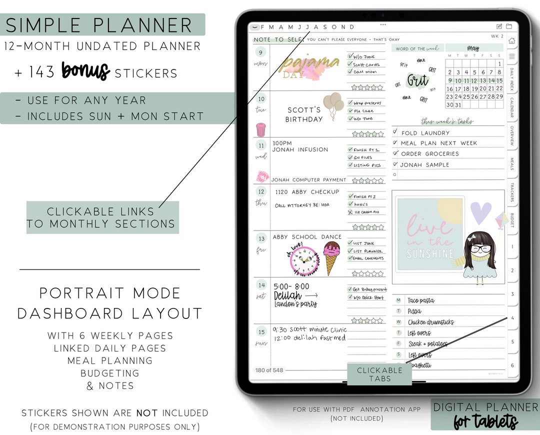 Undated 12 Month Digital Planner | Teal Portrait Planner for Digital ...