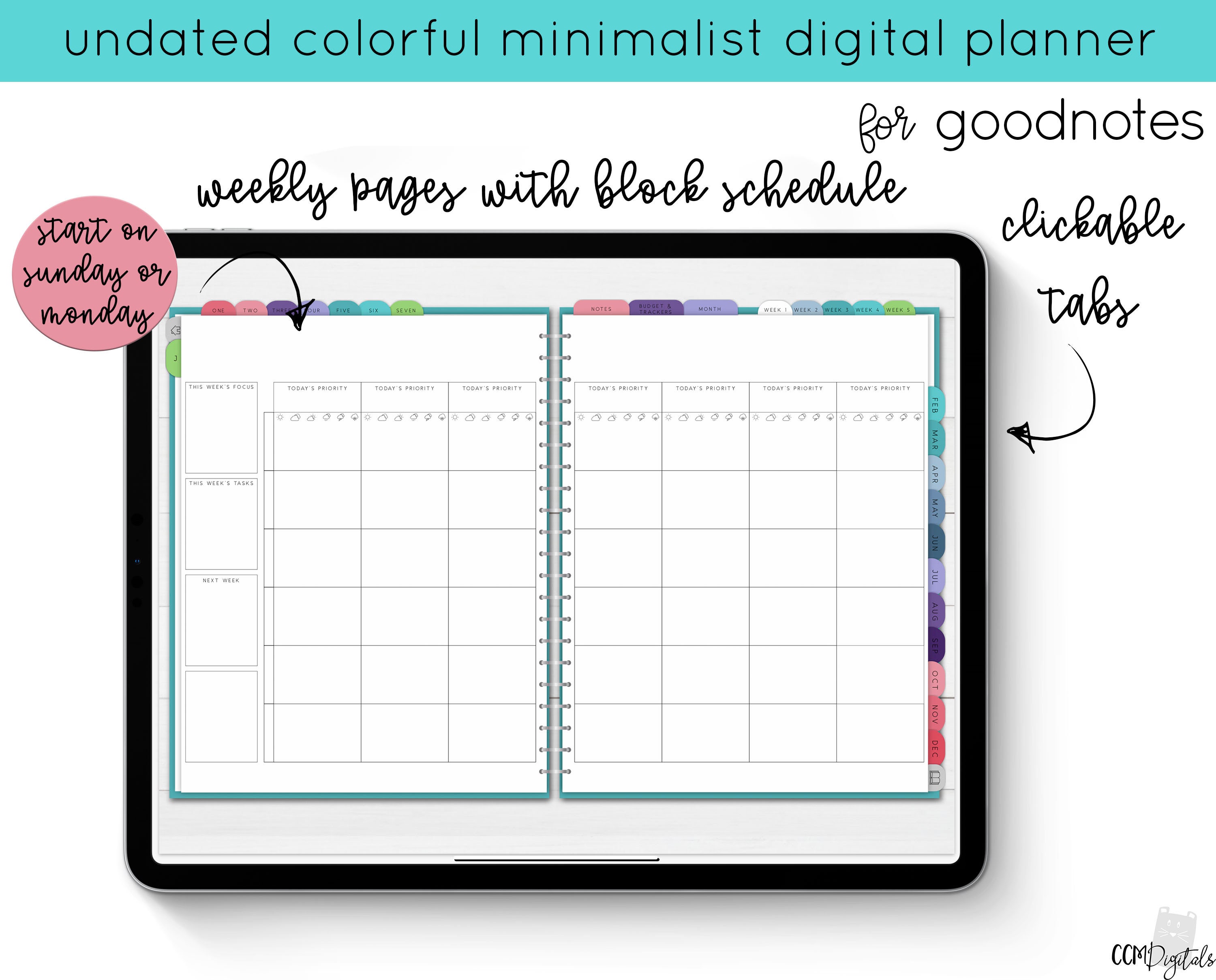 Landscape Undated Colorful Minimalist Digital Planner for Goodnotes ...