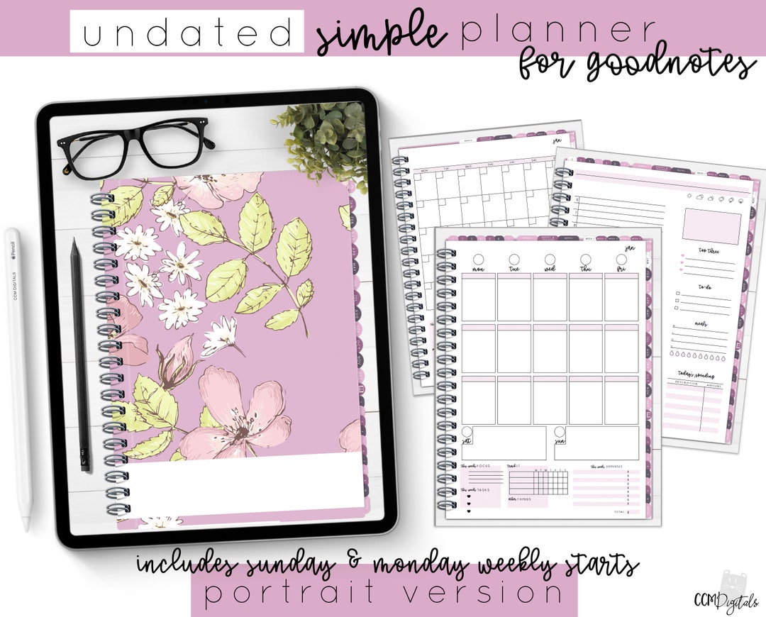 Portrait Undated Simple Planner in Pink Floral | Digital Planner for ...
