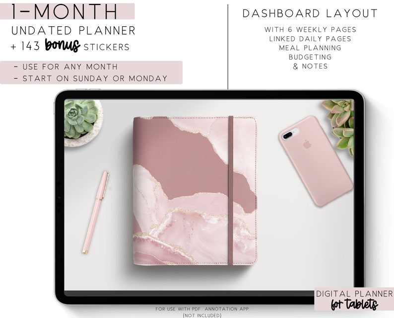 Undated One Month Digital Planner Pink Marble Horizontal - Etsy
