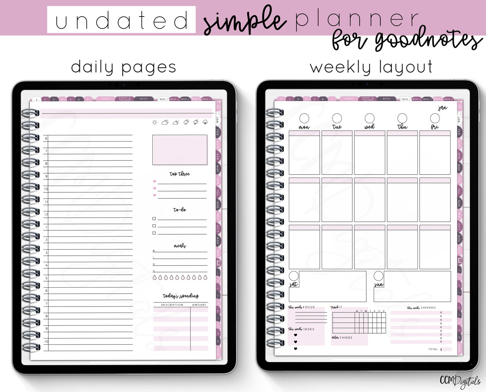 Portrait Undated Simple Planner in Pink Floral Digital - Etsy