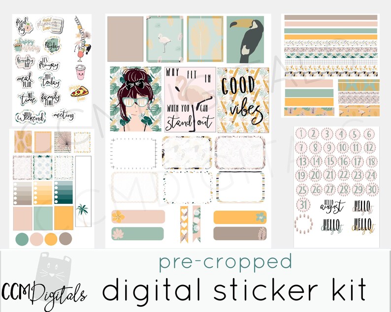 August 2018 Digital Planner Stickers Tropical Summer Digital - Etsy