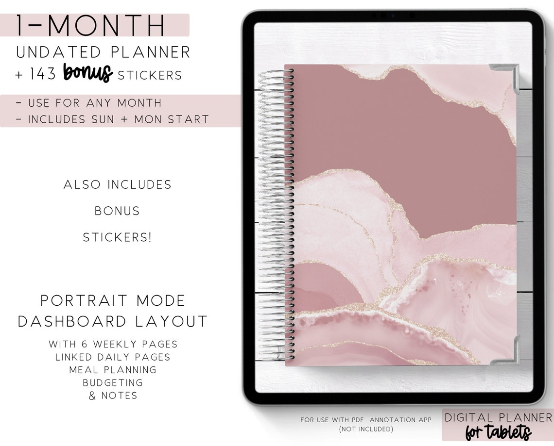Undated One Month Digital Planner Soft Pink Portrait Layout - Etsy