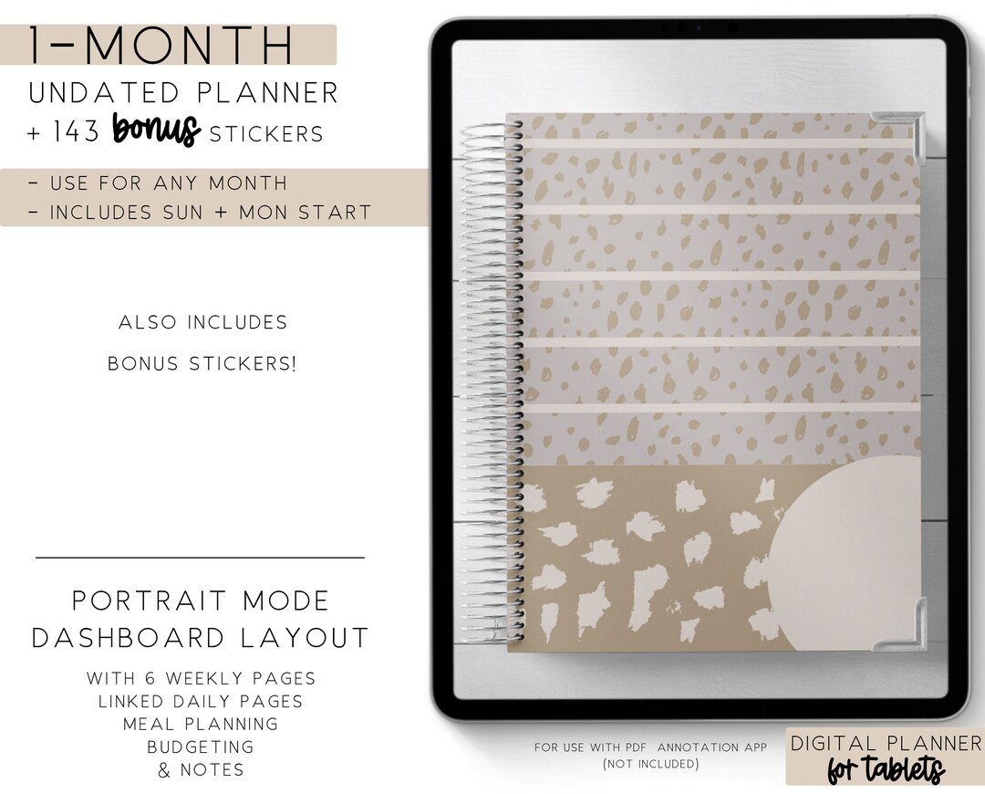 Undated One Month Digital Planner | Soft Tan Neutral Portrait Layout ...