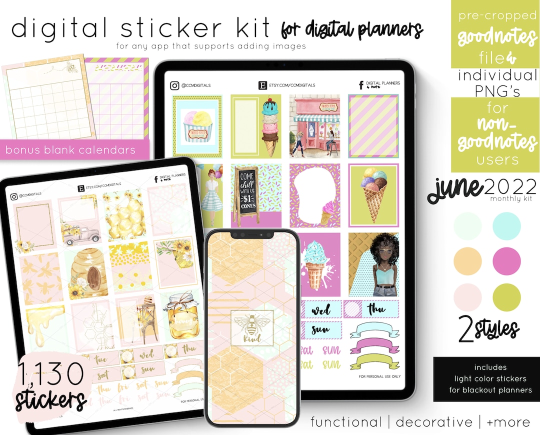 Digital Planner Stickers - June, Bees + Ice Cream Themes, Summer ...