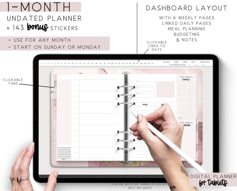 Undated One Month Digital Planner Pink Marble Horizontal - Etsy