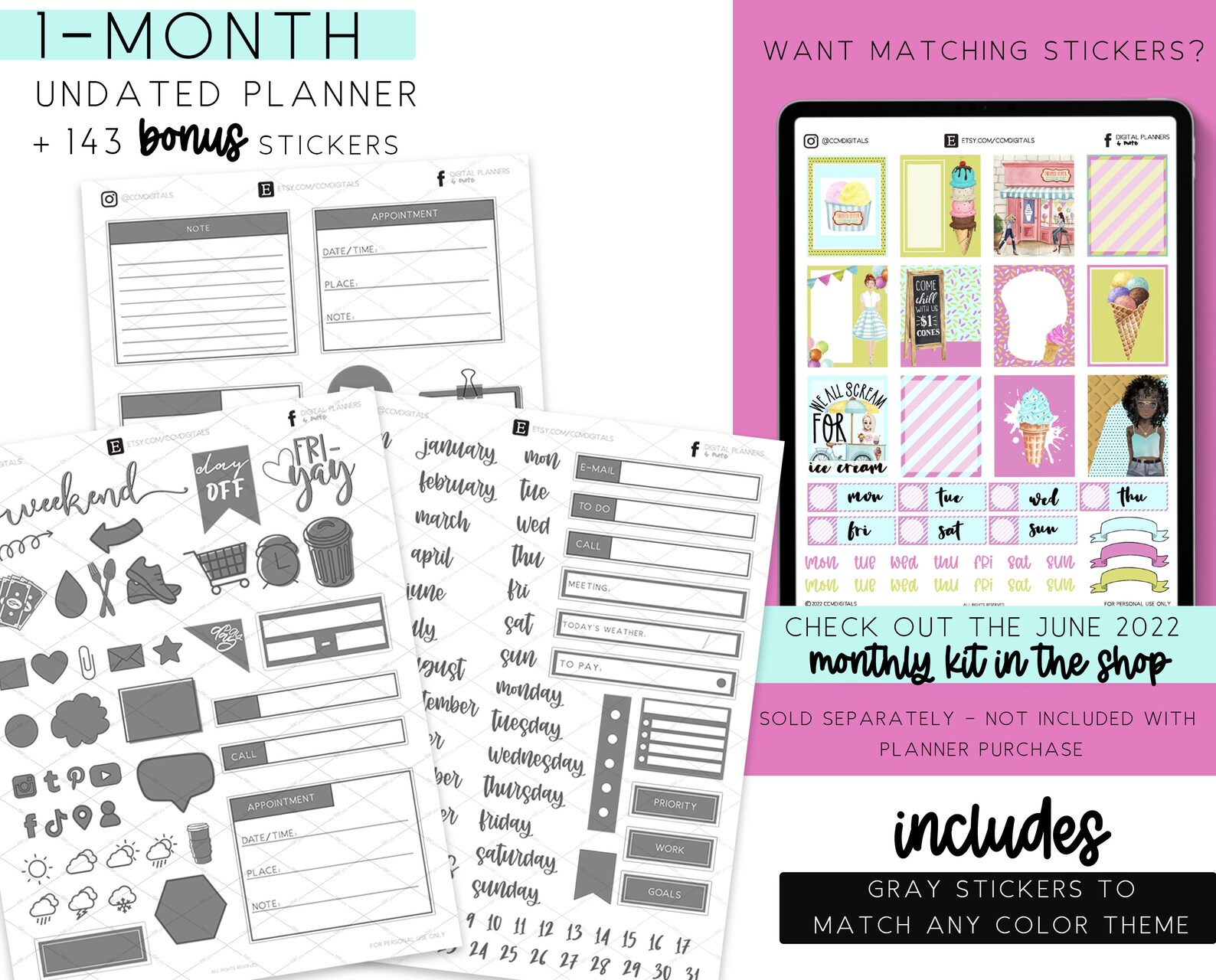 Undated 1-month Digital Planner | Colorful Ice Cream Planner ...