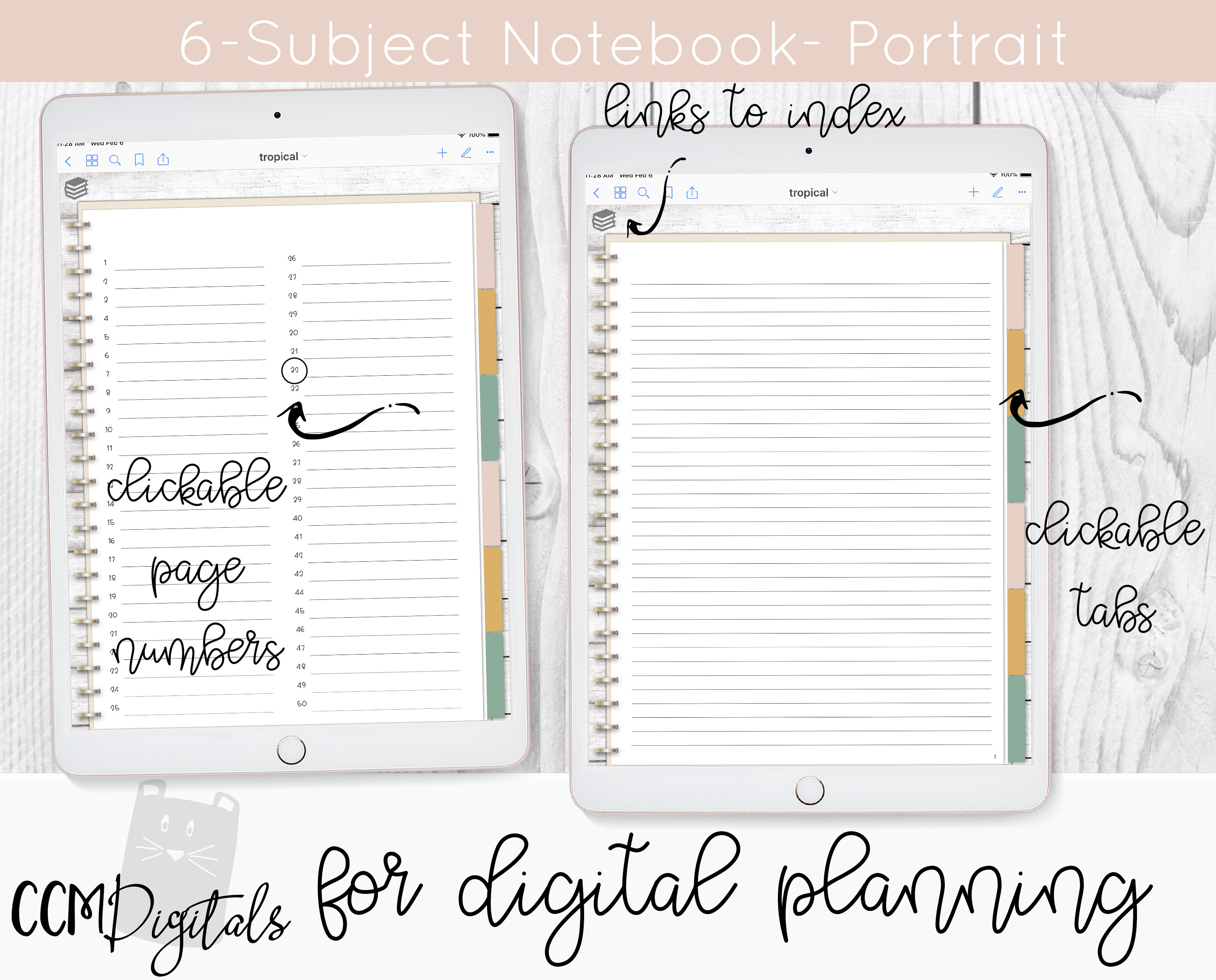 Digital 6-Subject Notebook with Linked pages Digital Journal | Etsy