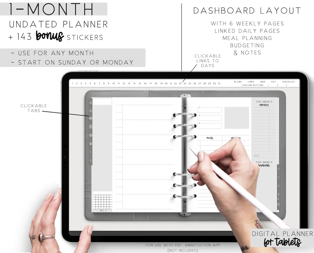 Undated One Month Digital Planner | Gray Simple Dashboard Layout for ...