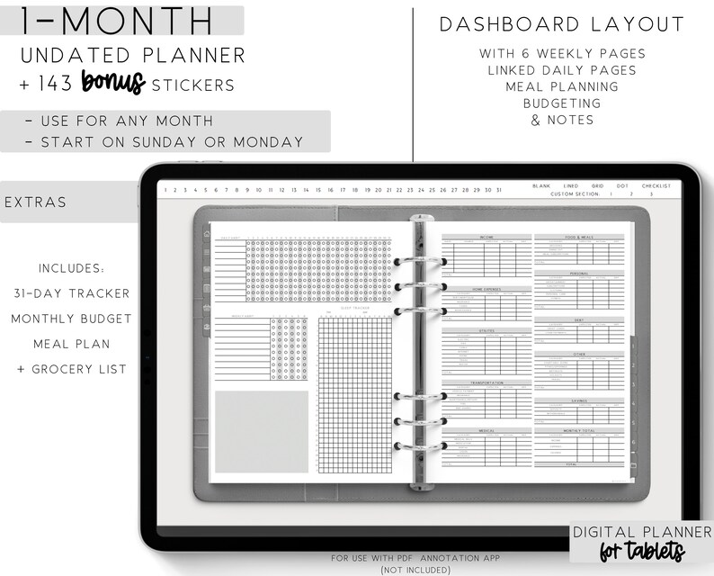 Undated One Month Digital Planner | Gray Simple Dashboard Layout for ...