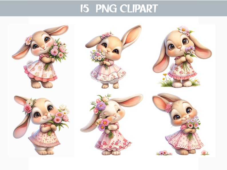 Bunnies Clipart Bundle PNG Digital Download Pretty Rabbits Flower ...