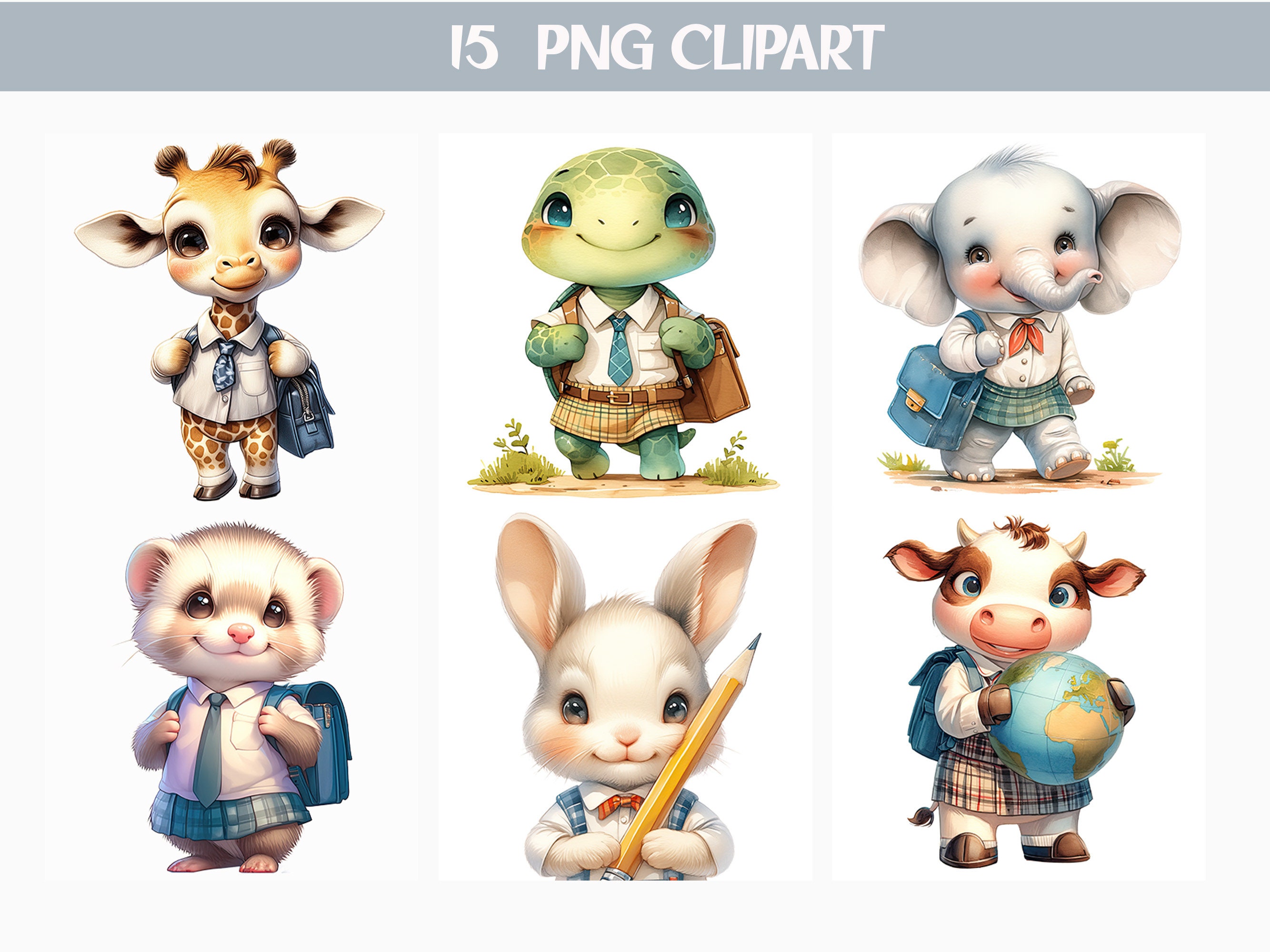 School Clipart Bundle PNG Digital Download School Animals Cow Ferret ...