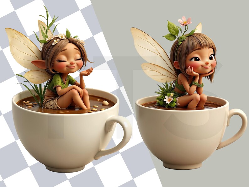 Coffee Fairy Clipart Bundle • 9 PNG Cute Fairies in Coffee Cups ...