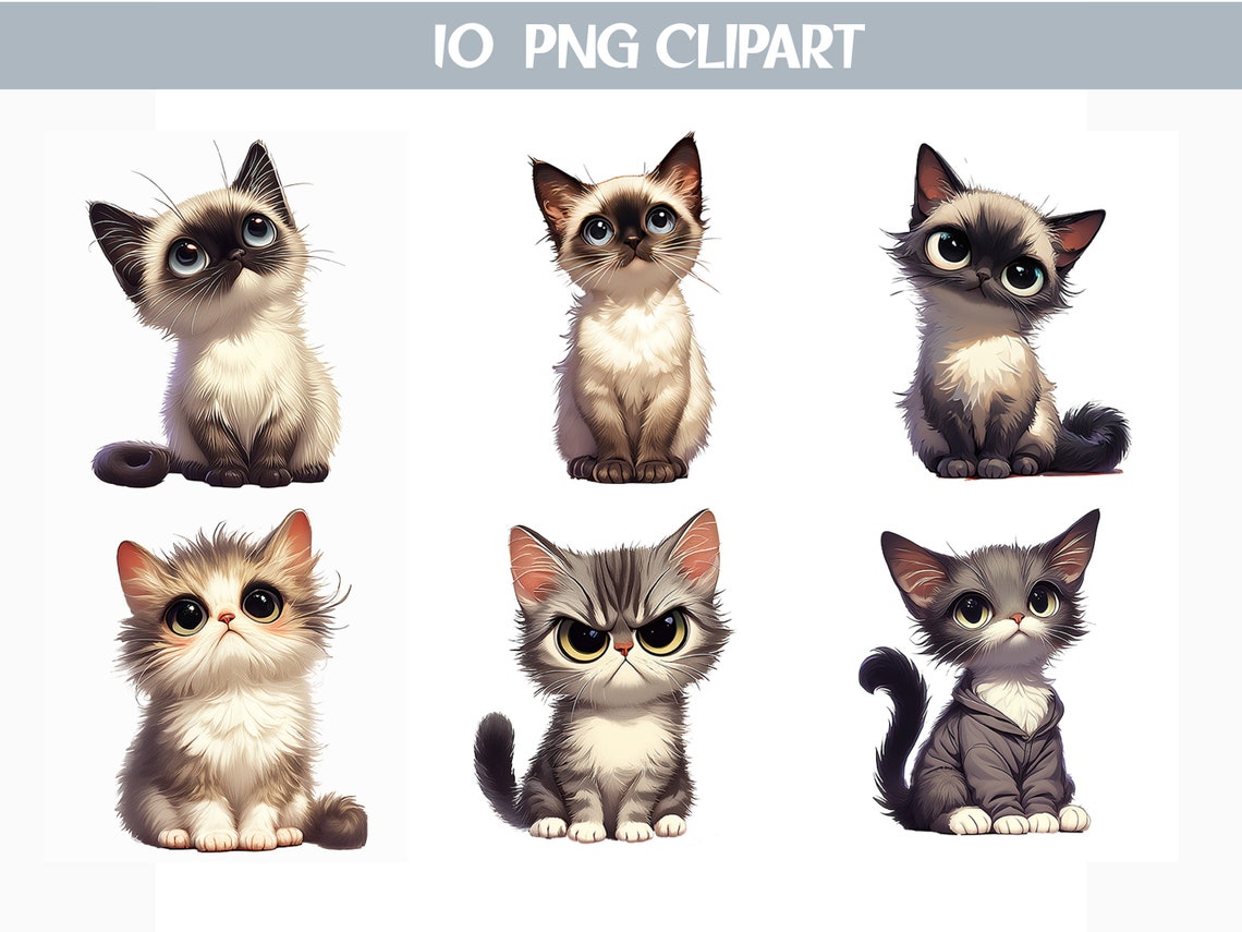 Cat Clipart Bundle PNG Digital Download 10 Cute Kitten Feline Animals ...