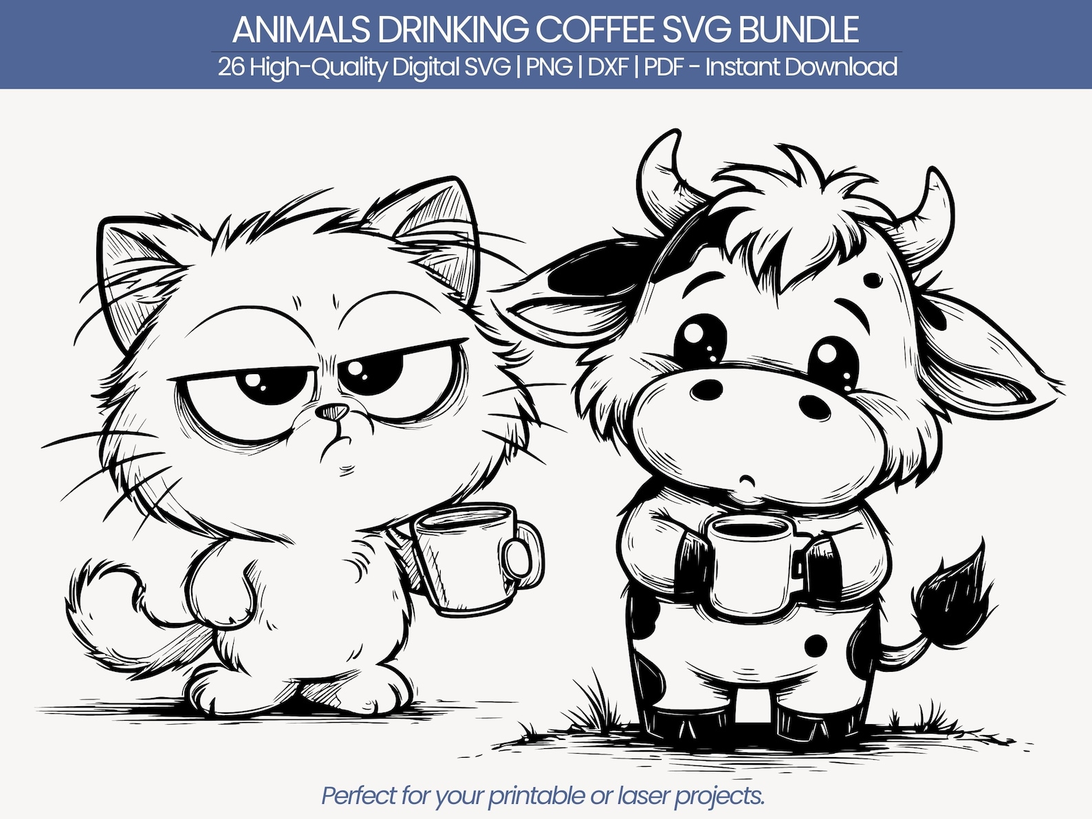 Animals Drinking Coffee SVG Bundle – Whimsical Coffee Animal Line Art ...