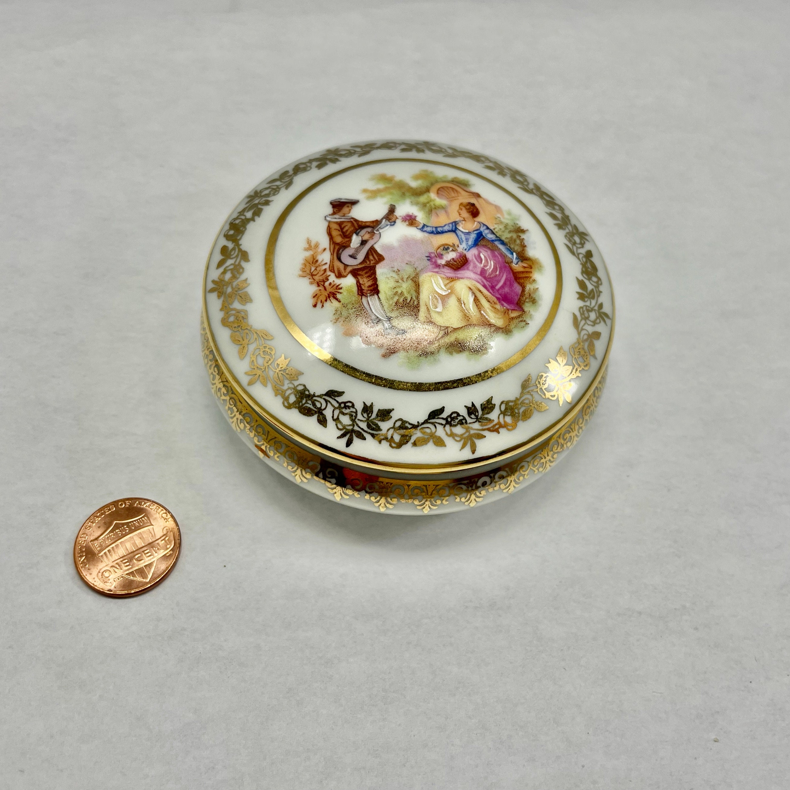 Limoges Trinket Box Vintage Porcelain Round Lidded Gilt Romantic ...