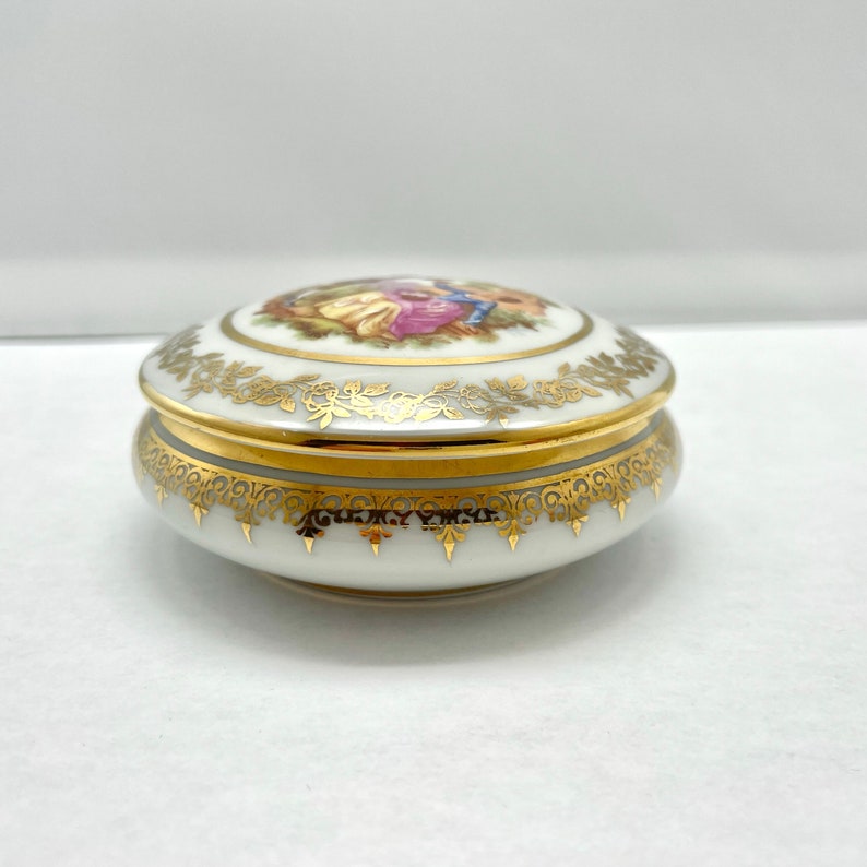 Limoges Trinket Box Vintage Porcelain Round Lidded Gilt Romantic ...