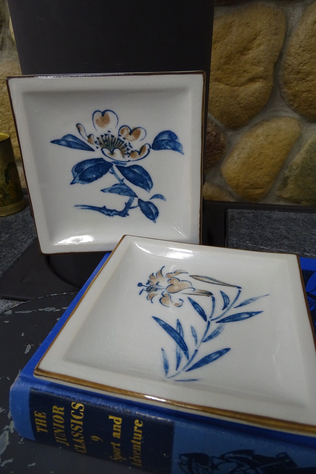 Vintage Otagiri Ceramic Square Dish Set With Blue and Brown Floral ...