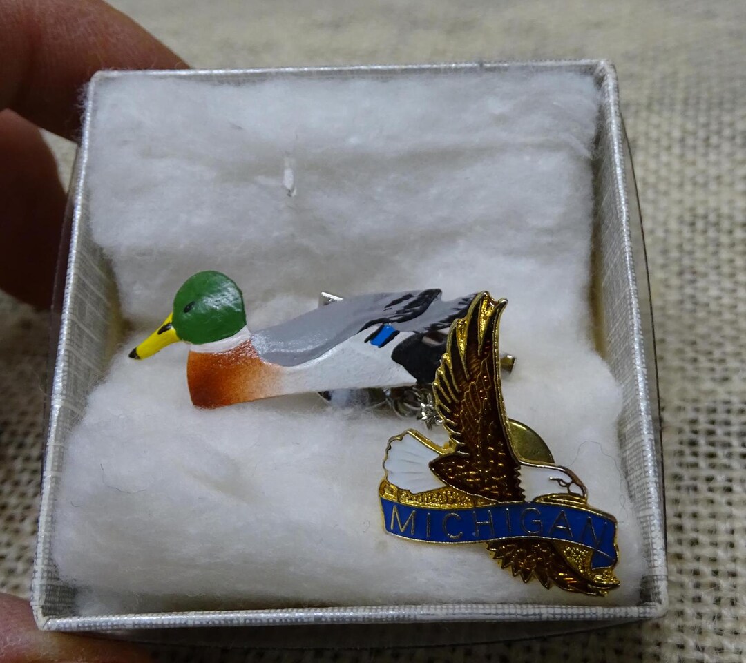 Two Vintage Tie Tacks; Metal Michigan Eagle, Leather Painted Mallard ...