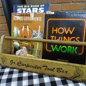 Vintage Wooden Jr. Carpenter Tool Box With Graphics and Center Handle, Vintage Rustic Wooden ...