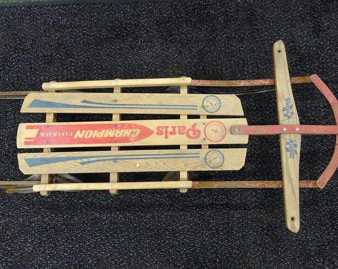 Vintage Paris Champion Wooden Snow Sled With Original Graphics and Blue ...
