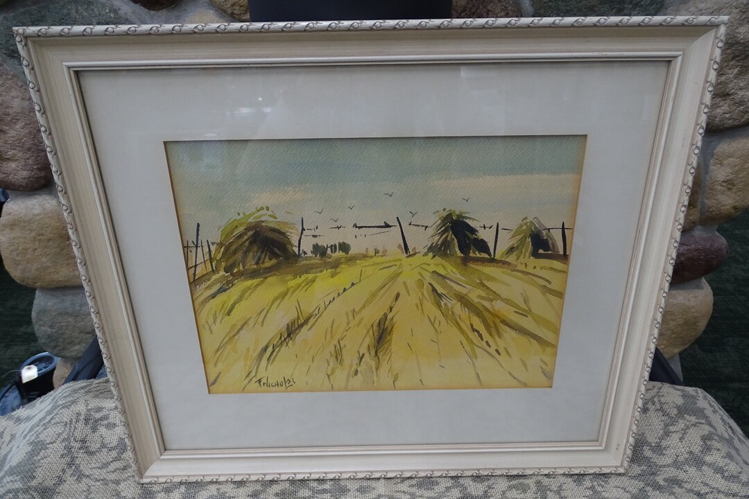 Vintage Framed Watercolor Haystacks Painting by Canadian Artist ...