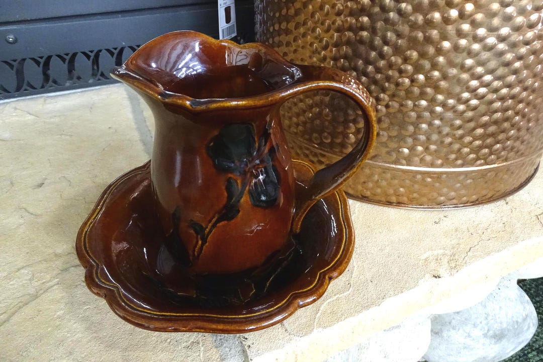 Vintage Haeger Pottery Pitcher and Bowl Set: Carmel Brown Floral ...