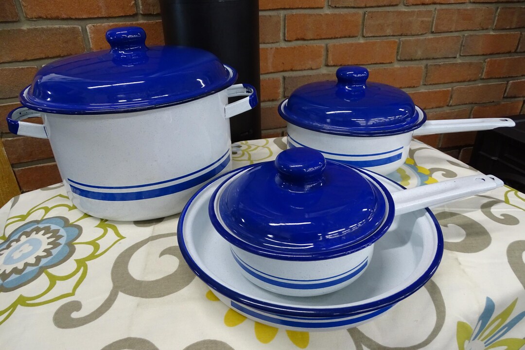 Vintage Speckled and Striped Enamelware Pan Set With Blue Stripes ...