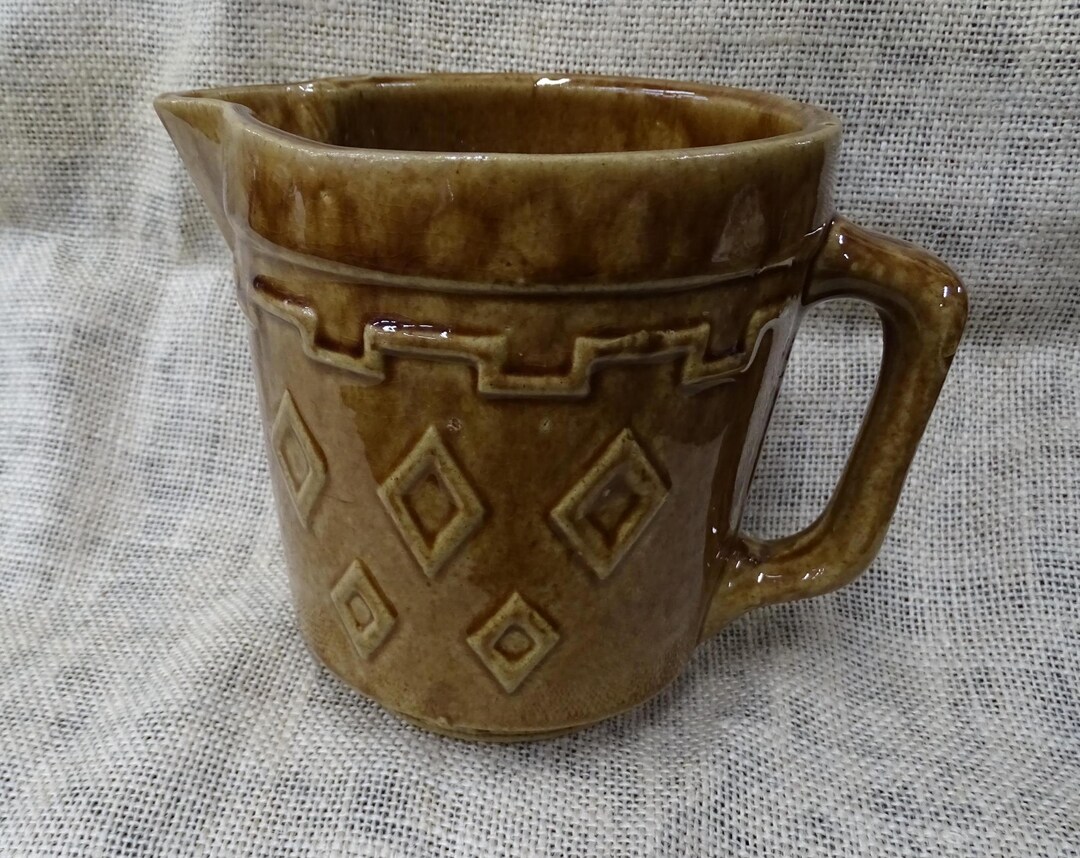 Brown Glazed Stoneware Pitcher, Mid-century Glazed and Embossed ...