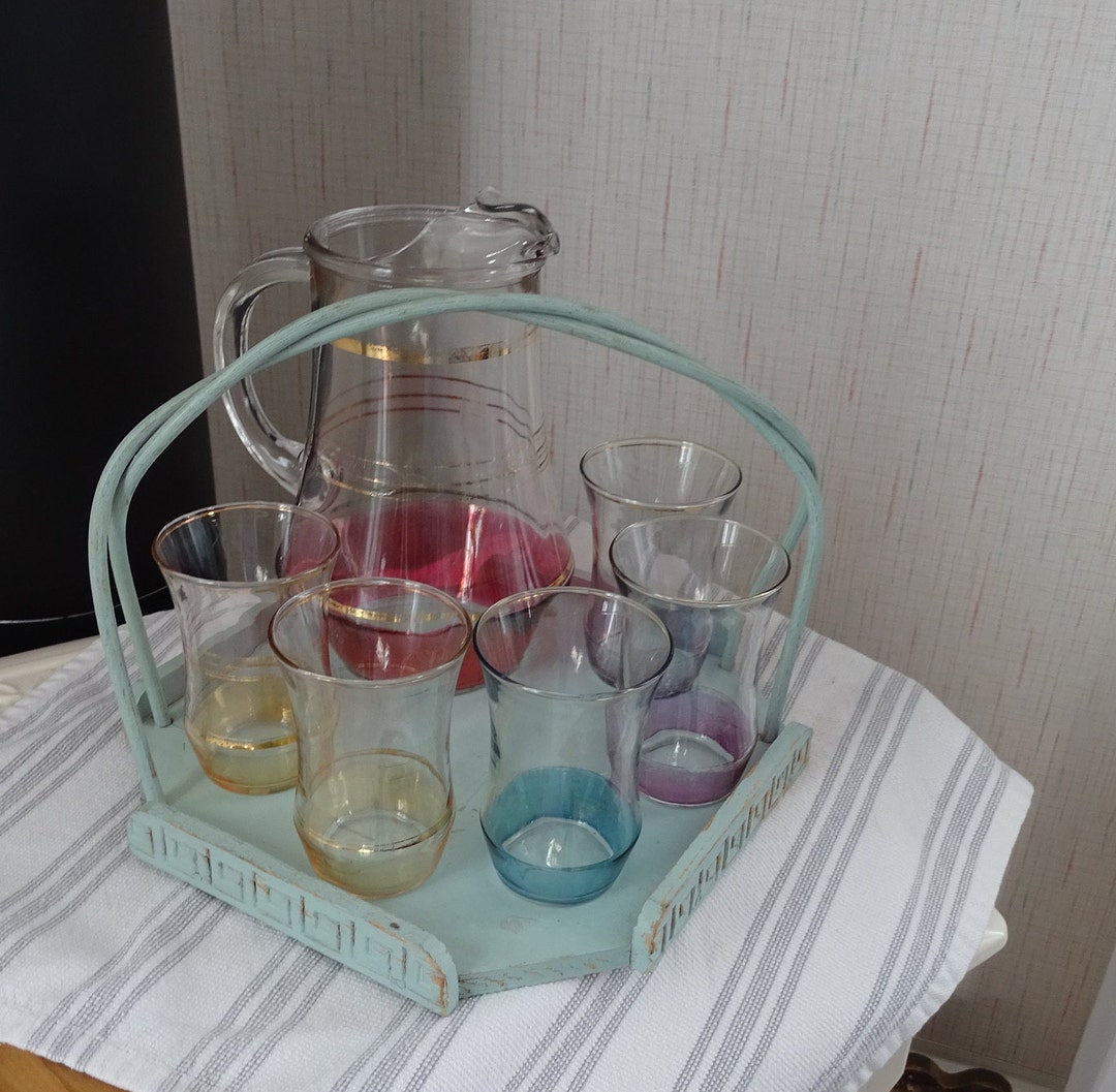 Vintage MCM Glass Pitcher Set: Gold Banded, Colored Bottoms, Handmade ...