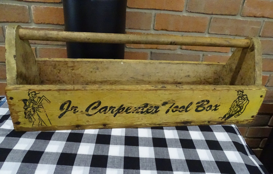 Vintage Wooden Jr. Carpenter Tool Box With Graphics & Center Handle, Vintage Rustic Wooden ...