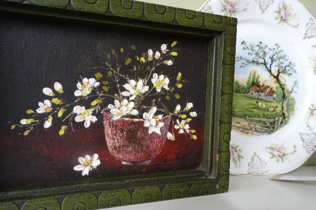 Vintage Leila White Flower Blossoms Oil Painting, MCM Framed White ...