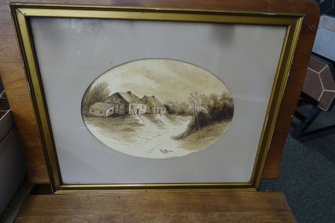 Vintage 1930s Saltbox House Watercolor Painting - Framed Sepia Cottage ...