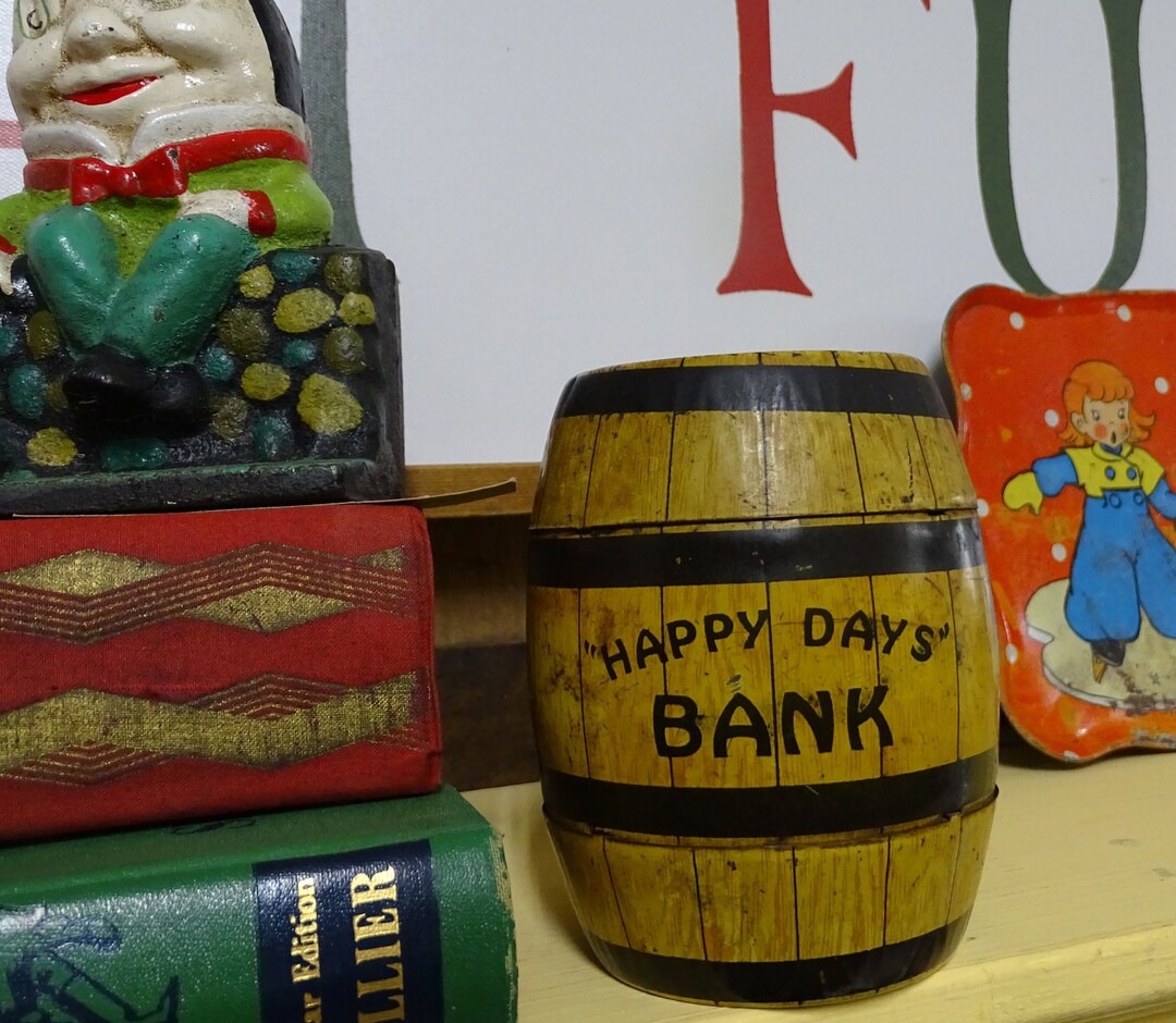 Vintage "happy Days" Barrel Coin Bank: 1930s J. Chein Lithograph Tin - Etsy