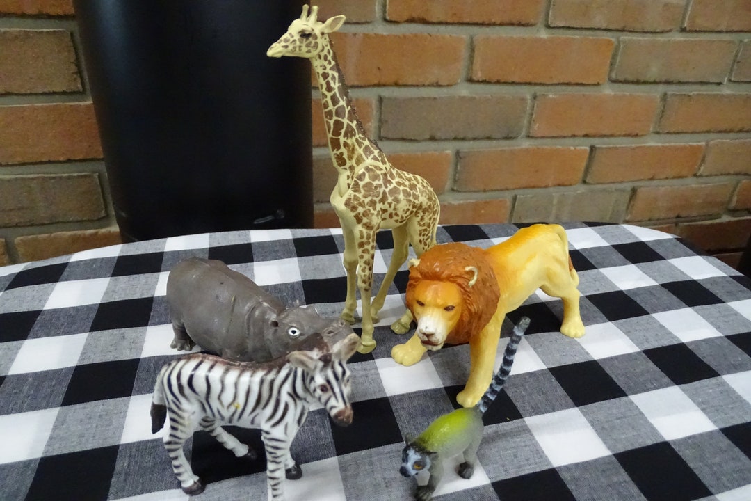 Vintage Plastic Safari Animals: Lion, Hippo, Giraffe, Zebra, Lemur ...