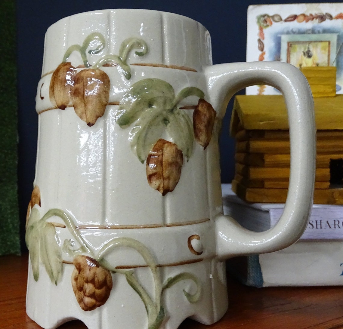 Vintage Ceramic Beer Stein Set: Hand-painted Hops & Vines Design - Etsy