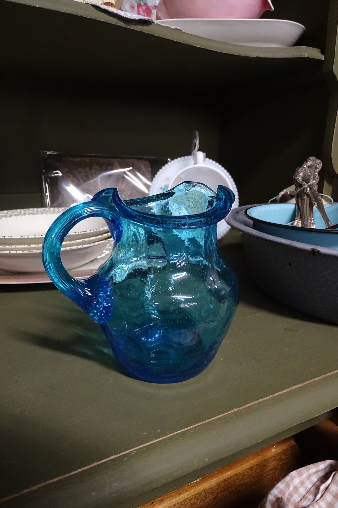 Antique 1800s Moser Blue Bohemian Art Glass Pitcher, Handblown Blue ...