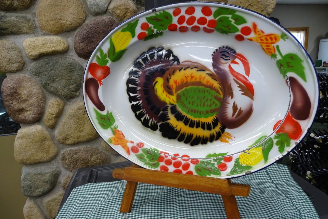 Vintage Brightly Stenciled Enamel Turkey Platter/tray, Vintage Chippy ...