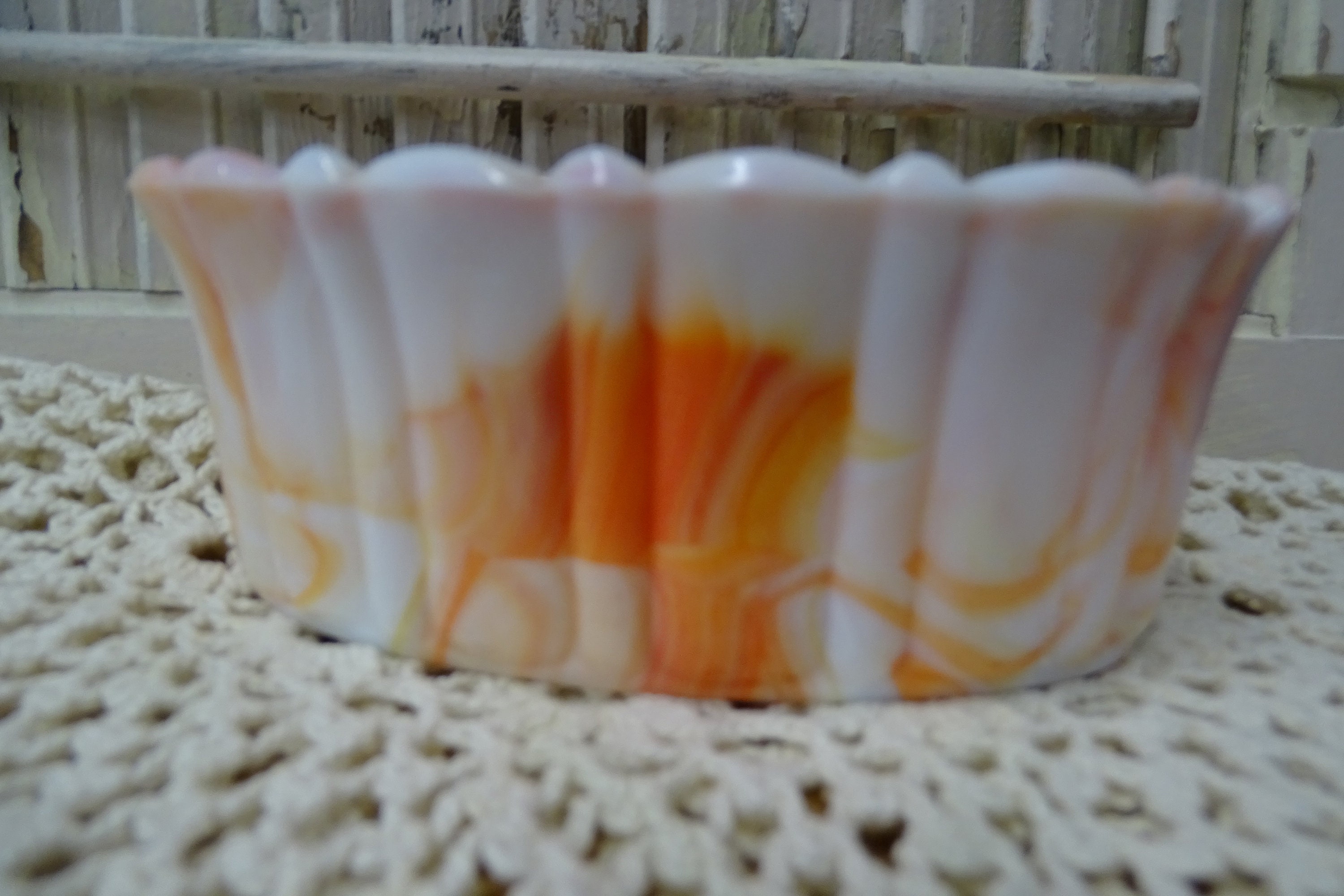 Vintage Akro Agate Glass #654 - Orange and White Vertically Ribbed Oval ...