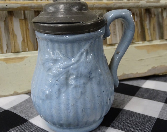 Antique Light Blue Salt Glaze Syrup Jar With Pewter Lid & Hinged Spout ...