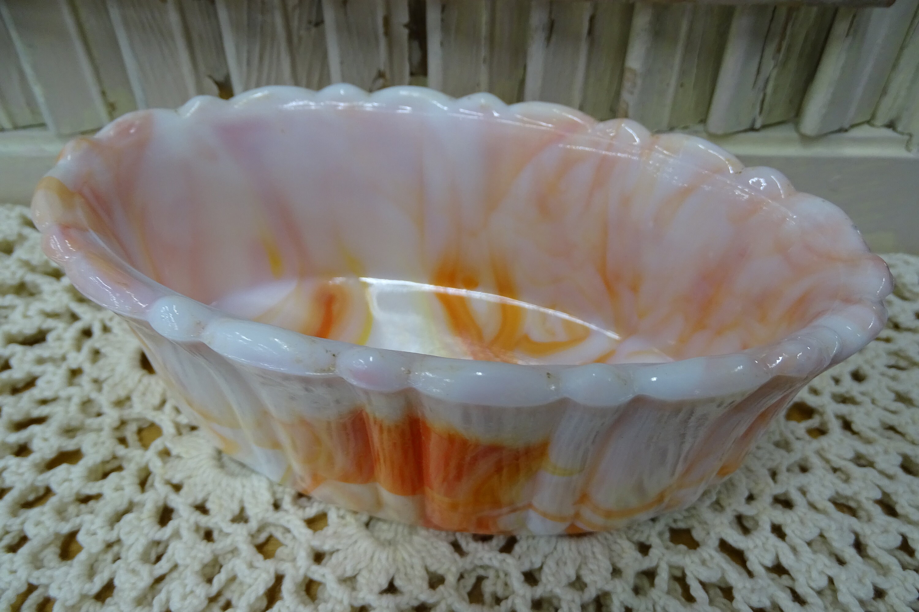 Vintage Akro Agate Glass #654 - Orange and White Vertically Ribbed Oval ...