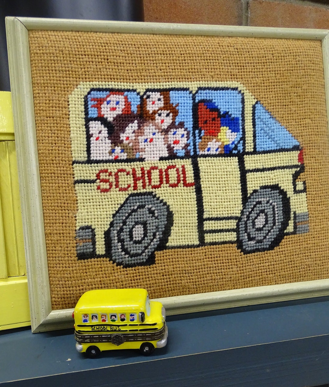 Vintage Framed School Bus Needlepoint & Ceramic Box Set - Etsy