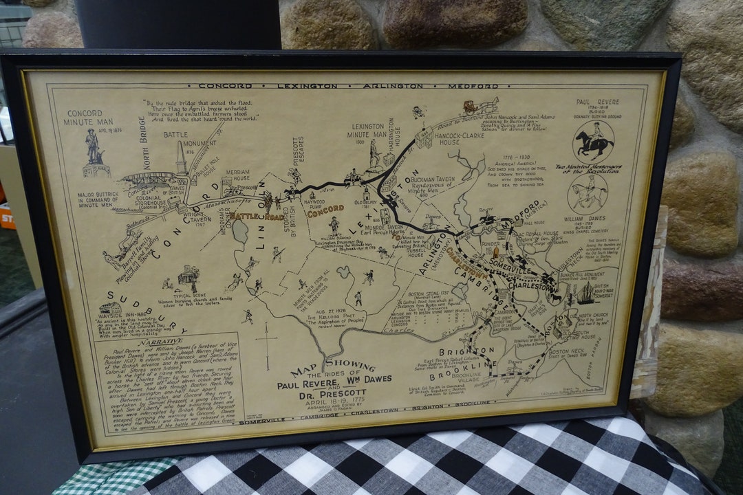 Vintage "map Showing the Rides of Paul Revere, Wm Dawes and Dr ...