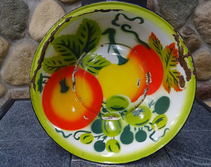 Vintage Fruit Stencil Enamel Dish Pan, Vintage Rusty Farmhouse Kitchen ...