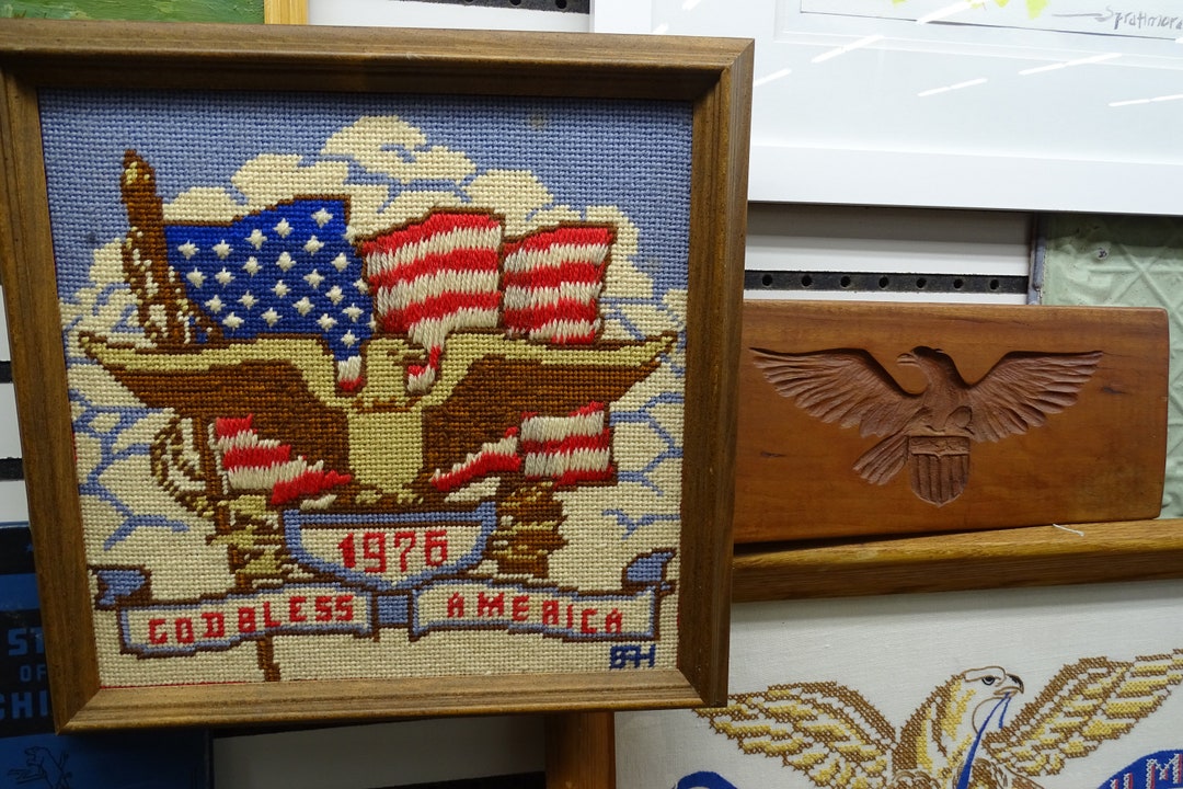 Vintage US Eagle Needlepoint in Wood Frame, US Eagle Embroidery, Fourth ...