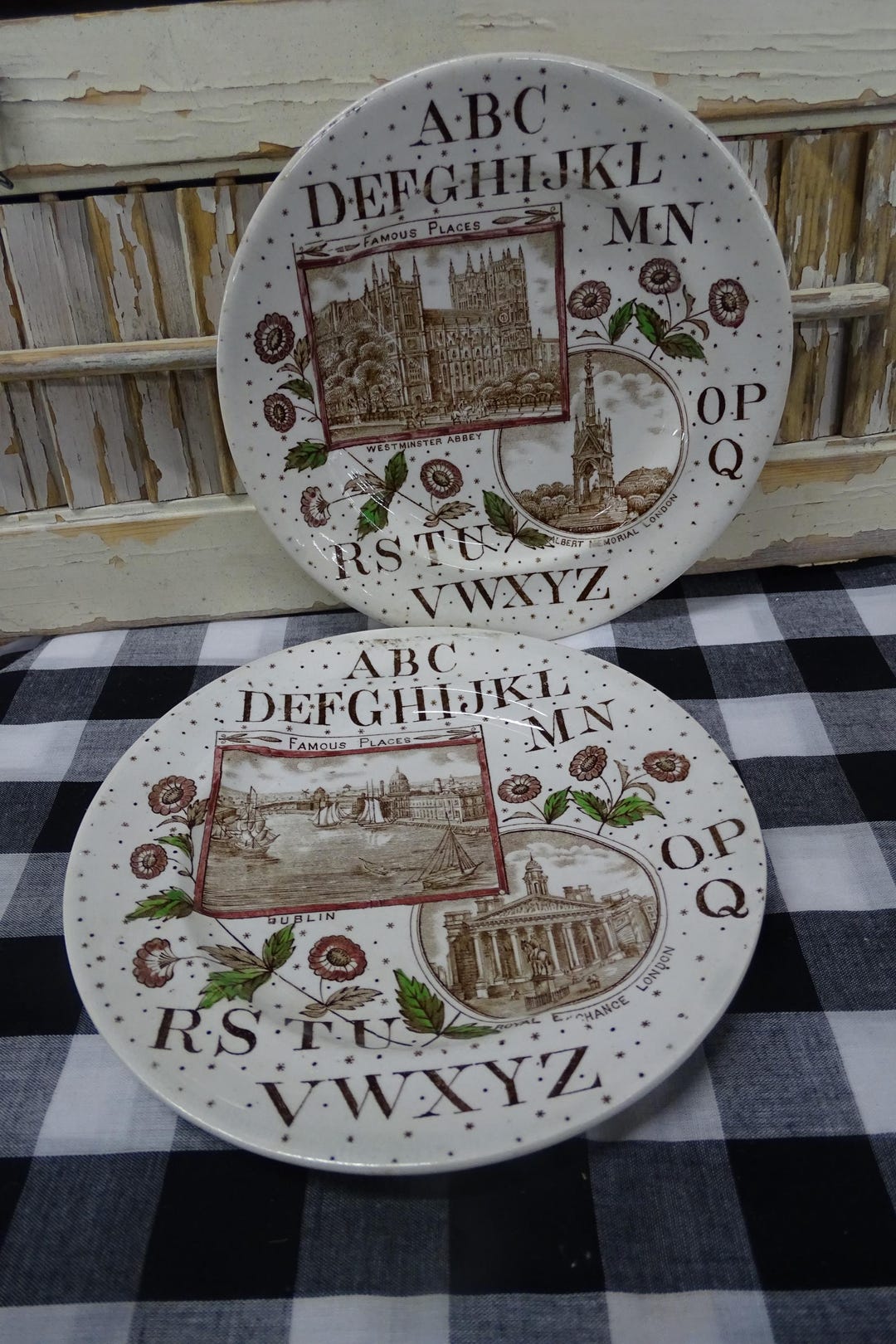 Antique Famous Places ABC Plates, Set of 2, Antique Brown Hills Pottery ...
