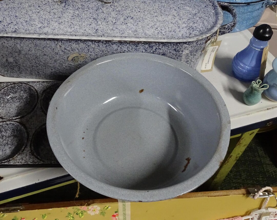 Chippy Light Blue Enamel Wash Basin, Mid-century Soft Blue Enamelware ...