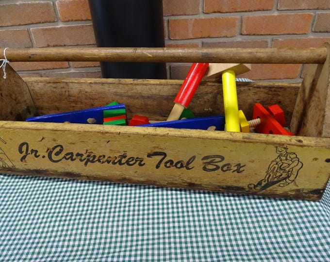 Vintage Wooden Jr. Carpenter Tool Box With Graphics & Center Handle, Vintage Rustic Wooden ...